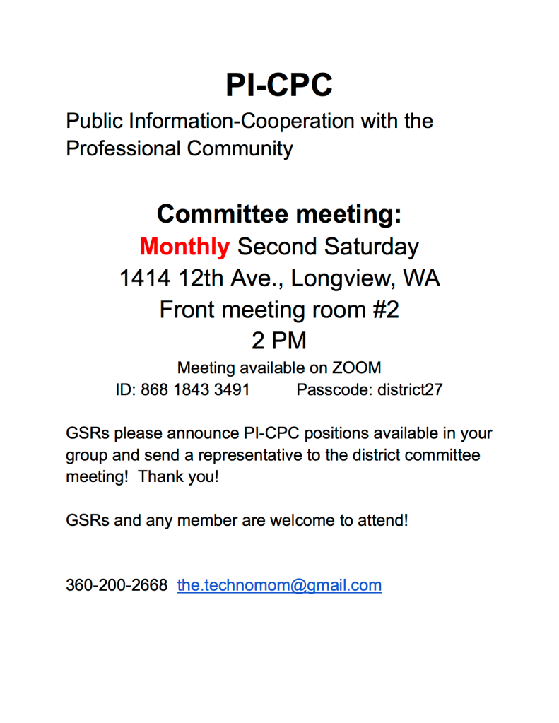 ACTIVITIES – DISTRICT 27 / AREA 72 of Alcoholics Anonymous