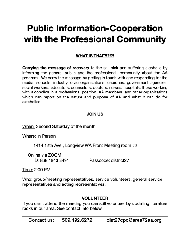 ACTIVITIES – DISTRICT 27 / AREA 72 of Alcoholics Anonymous